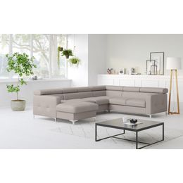 Wohnlandschaft COTTA, B:304cm H:74cm T:240cm, grau, NaturLEDER, die R&uuml;ckseite ist mit schwarzem und die Liegefl&auml;che der Bettfunktion ist mit beigem
