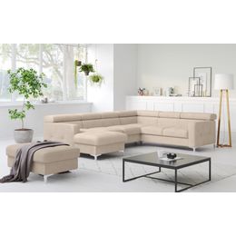 Wohnlandschaft COTTA, B:304cm H:74cm T:240cm, beige, NaturLEDER, die Rückseite ist mit schwarzem und die Liegefläche der Bettfunktion ist mit beigem