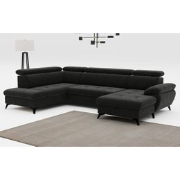 Wohnlandschaft COTTA, B:324cm T:207cm, schwarz, Sofas, "Hudson U-Form", mit Kopfteilverstellung, wahlweise mit Bettfunktion & Bettkasten