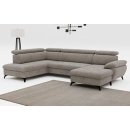 Wohnlandschaft COTTA, B:324cm T:207cm, grau, Sofas, "Hudson U-Form", mit Kopfteilverstellung, wahlweise mit Bettfunktion & Bettkasten