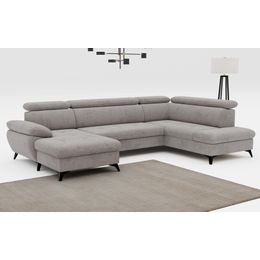 Wohnlandschaft COTTA, B:324cm H:100cm T:207cm, grau, Sofas, "Hudson U-Form", mit Kopfteilverstellung, wahlweise mit Bettfunktion & Bettkasten
