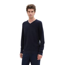 Tom Tailor Herren Strickpullover, blau, Gr. S, unifarben, Strick, Obermaterial: 100% Baumwolle, Pullover, mit V-Ausschnitt