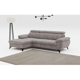 Ecksofa COTTA, B:261cm H:100cm T:166cm, grau, Wohnzimmer, Sofas, "Hudson L-Form", mit Kopfteilverstellung, wahlweise mit Bettfunktion & Bettkasten