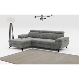 Ecksofa COTTA, B:261cm H:100cm T:166cm, grau, Wohnzimmer, Sofas, "Hudson L-Form", mit Kopfteilverstellung, wahlweise mit Bettfunktion & Bettkasten