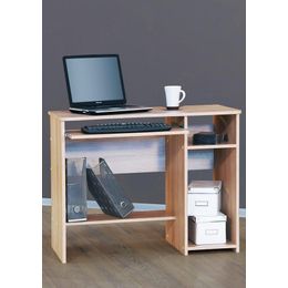 Schreibtisch, B:91cm H:72cm T:50cm, braun, VOGL MÖBELFABRIK, Büro, Tische, "Sam", mit Tastaturauszug & Towerfach, geschwungene Tischplatte, Breite 91