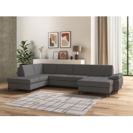 Wohnlandschaft DOMO collection "Capelo, komfortabel, klare Linien zeichnen dieses Design aus, U-Form", grau (dunkelgrau), B:348cm H:84cm T:204cm, 100% Polyester, Sofas, Wohnlandschaft, mit Armteilverstellung, wahlweise mit Bettfunktion, Federkern