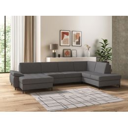 Wohnlandschaft DOMO collection "Capelo, komfortabel, klare Linien zeichnen dieses Design aus, U-Form", grau (dunkelgrau), B:348cm H:84cm T:204cm, 100% Polyester, Sofas, Wohnlandschaft, mit Armteilverstellung, wahlweise mit Bettfunktion, Federkern