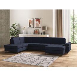 Wohnlandschaft DOMO collection "Capelo, komfortabel, klare Linien zeichnen dieses Design aus, U-Form", blau (dunkelblau), B:348cm H:84cm T:204cm, 100% Polyester, Sofas, Wohnlandschaft, mit Armteilverstellung, wahlweise mit Bettfunktion, Federkern