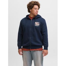 Jack & Jones PlusSize Herren Kapuzensweatshirt "JJELOGO SWEAT ZIP HOOD 2 COL AW25 PLS", blau, Gr. 5XL, JACK & JONES PLUSSIZE, bedruckt, angeraute Sweatware, Obermaterial: