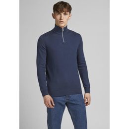 Jack & Jones JACK & JONES Herren Strickpullover "EMIL KNIT HALF ZIP", blau, Gr. M, Feinstrick, Obermaterial: 60% Baumwolle, 20% Nylon, 20% Viskose, Pullover, mit