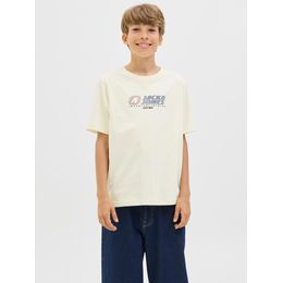 Jack & Jones T-Shirt JACK & JONES JUNIOR "JCOTIER FRONT PRINT TEE SS CN SN JNR", Jungen, Gr. 140, sweet corn, Single Jersey, Obermaterial: 100% Baumwolle, bedruckt, relaxed fit, Rundhals, Shirts