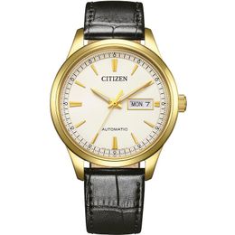 Citizen Automatikuhr »NY4058-79XC« Armbanduhr, Herrenuhr, Mechanische Uhr, Lederarmband, analog, Tag schwarz-goldfarben Mondäne Automatikuhr für...