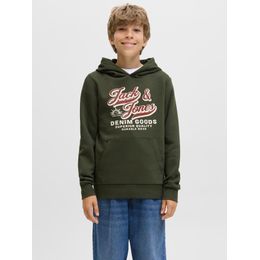 Jack & Jones Jungen Kapuzensweatshirt "JJELOGO SWEAT HOOD 2 COL AW25 NOOS JNR", bunt, Gr. 140, JACK & JONES JUNIOR, bedruckt, angeraute Sweatware, Obermaterial: