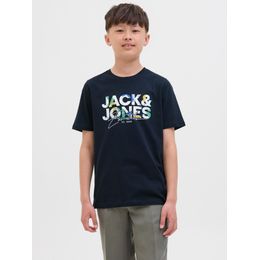 Jack & Jones Jungen T-Shirt "JJGEPLAS TEE SS CREW NECK JNR", blau, Gr. 140, JACK & JONES JUNIOR, bedruckt, Single Jersey, Obermaterial: 100% Baumwolle, Shirts