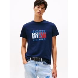 Tommy Jeans Damen T-Shirt "TJM RWB FLAG TEE EXT", blau, Gr. M, Single Jersey, Obermaterial: 100% Baumwolle, Shirts, Slim fit, mit Rundhals