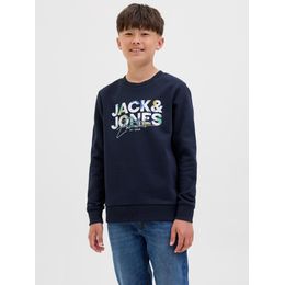 Jack & Jones Jungen Sweatshirt "JJGEPLAS SWEAT CREW NECK JNR", blau, Gr. 140, JACK & JONES JUNIOR, bedruckt, angeraute Sweatware, Obermaterial: 70% Baumwolle, 30%