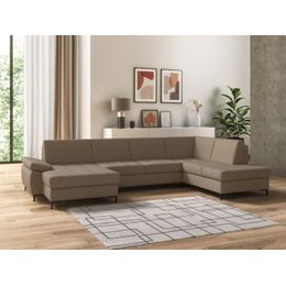 Wohnlandschaft DOMO collection "Capelo, komfortabel, klare Linien zeichnen dieses Design aus, U-Form", braun (cappucino), B:348cm H:84cm T:204cm, 49% Polyester, 34% Viskose, 9% Leinen, 8% Polyacryl, Sofas, Wohnlandschaft, mit Armteilverstellung, wahlweise mit Bettfunktion, Federkern