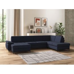 Wohnlandschaft DOMO collection "Capelo, komfortabel, klare Linien zeichnen dieses Design aus, U-Form", blau (dunkelblau), B:348cm H:84cm T:204cm, 100% Polyester, Sofas, Wohnlandschaft, mit Armteilverstellung, wahlweise mit Bettfunktion, Federkern