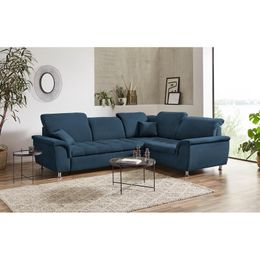 DOMO collection Ecksofa »Franzi, zeitlos und elegant, moderne Sitzheftung, L-Form« wahlweise mit Kopfteilverstellung (dann Breite: 275 cm) dunkelblau