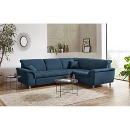 DOMO collection Ecksofa »Franzi, zeitlos und elegant, moderne Sitzheftung, L-Form« wahlweise mit Kopfteilverstellung (dann Breite: 275 cm) dunkelblau