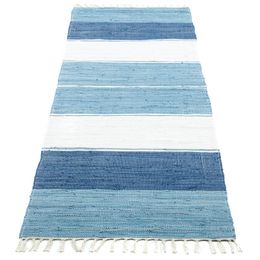 Theko Teppich &raquo;Stripe Cotton, handgewebt&laquo; rechteckig 5 mm H&ouml;he Flachgewebe, gestreift, reine Baumwolle, mit Fransen, auch als L&auml;ufer blau...