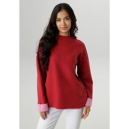 Aniston SELECTED Strickpullover mit rosafarbenen Zierkanten bordeaux-rosa 36 36 Oversize Pullover mit sichtbaren rosafarbenen Kanten