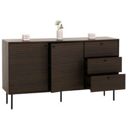 Kommode MCW-N78, Sideboard, 3 Schubladen 2 T&uuml;ren, skandinavischer Stil Metall Holz Melamin MVG 85x150x40cm ~ dunkelbraun