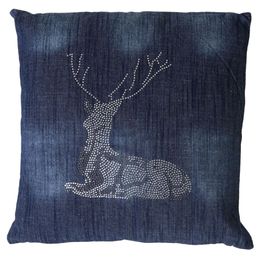 Mendler Deko-Kissen Hirsch, Sofakissen Zierkissen mit F&uuml;llung, blau Glitzersteine 45x45cm ~ Variantenangebot 51882