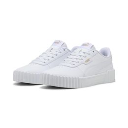 Sneaker Puma "Carina 3.0 Sneakers Damen", Damen, Gr. 35,5, wei&szlig; (wei&szlig; gold), Obermaterial: Textil, Kuhleder, Synthetik, Leder; Futter: Textil; Innensohle: Textil; Laufsohle: Gummi, Schuhe Sneaker
