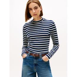 Tommy Hilfiger Damen Langarmshirt "SLIM CODY MOCK-NK LS"schwarz night navy, ecru stp, Gr. S, gestreift, Single Jersey, Obermaterial: 100% Baumwolle,