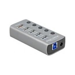 Delock USB 3.2 Gen 1 Hub mit 4 Ports + 1 Schnellladeport + 1 USB-C PD 3.0 Port, USB-Hub grau, mit Schalter und Beleuchtung