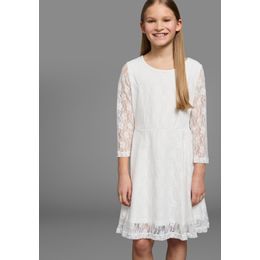 Jerseykleid Kidsworld "- Spitzenkleid", Mädchen, Gr. 152/158, N-Gr, beige (natur), Spitze, Obermaterial: 95% Polyester, 5% Elasthan. Futter: 95% Baumwolle, 5% Elasthan, unifarben, ausgestellt knieumspielend, Rundhals, abgesteppte Kante, Kleider, festliche Anlässe, knielang, aus Spitze und Jersey, 3/4-Ärmel