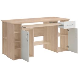 Schreibtisch, B:138cm H:74cm T:60cm, weiß, VOGL MÖBELFABRIK, Büro, Tische, "Tim mit seitlich offenen Fächern & Tastaturauszug", Druckerablage, 1