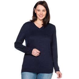 sheego Damen Strickpullover "V-Ausschnitt-Pullover", blau, Gr. 56, unifarben, 50% Baumwolle, 50% Polyacryl, Pullover