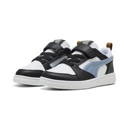 Sneaker Puma "Rebound V6 Low Run Fun Sneakers Kinder", Kinder, Gr. 32, grün (schwarz haute tropic grün terrain blau), Obermaterial: Synthetik, Textil; Futter: Textil; Laufsohle: Gummi, Schuhe