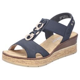 Rieker Damen Keilsandalette, Gr. 40, blau, Nubuklederimitat, kontrastfarbene Details, Schuhe, Sommerschuh, Sandale, Plateausandale mit Gummizug für