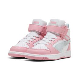 Sneaker Puma "Rebound V6 Mid Space Belle Sneakers M&auml;dchen", M&auml;dchen, Gr. 21, wei&szlig; (sea glass pinkscape wei&szlig; blau pink), Obermaterial: Textil, Synthetik; Futter: Textil; Innensohle: Textil; Laufsohle: Gummi, Schuhe Sneaker