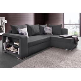 Ecksofa Collection AB "John L-Form", grau (anthrazit), B:226cm H:85cm T:160cm, Zierkissen: 100% Polyester;Struktur (100% Polyester);Kunstleder SOFTLUX / Struktur (80% Polyester; 20% Polyacryl);Microfaser PRIMABELLE (100% Polyester) / Struktur (100% Polyester), Sofas, Ecksofa, mit Bettfunktion, Bettkasten und integriertem Regal, Topseller