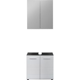 Badmöbel-Set Welltime "Sovana", weiß (eichefarben rauchsilber, weiß hochglanz), Holzwerkstoff, Kastenmöbel-Sets, Badezimmermöbel Waschtisch und Spiegelschrank mit verstellbaren Böden