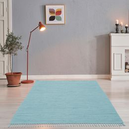 Teppich Theko "Happy Cotton Fleckerl, handgewebt" Gr. 3, blau (hellt&uuml;rkis), B:70cm H:5mm L:140cm, Baumwolle, Teppiche, Teppich, Flachgewebe, reine Baumwolle, meliert, mit Fransen, auch als L&auml;ufer