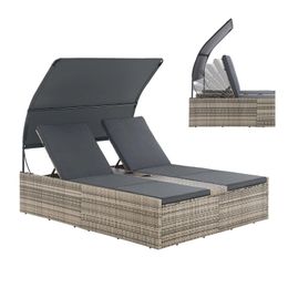 Juskys Polyrattan Doppelliege Syros - Outdoor Liege mit Dach & Auflagen - Sonnenliege Grau-meliert