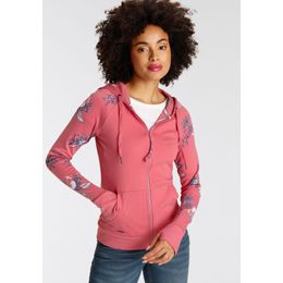 Kapuzensweatjacke Kangaroos, Damen, Gr. 32/34 (XS), lila (himbeere), Interlock, Obermaterial: 100% Baumwolle, bedruckt, kontrastfarbene Details, unifarben mit Farbeinsatz, Casual, figurbetont hüftbedeckend, Raglanärmel Rippbündchen mit Daumenlöchern, Sweatjacken, mit blumigem Druck im Hawaii-Look