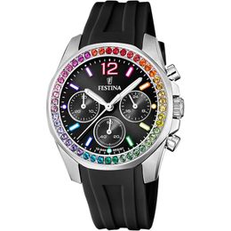 Festina Chronograph »Boyfriend Collection« Armbanduhr, Quarzuhr, Damenuhr, Stoppfunktion schwarz-silberfarben-Regenbogenfarben Attraktiver...