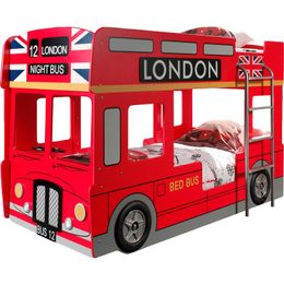 Vipack Etagenbett »London, in Londoner Stadtbuss-Optik, das Highlight im Kinderzimmer« B/H/T ca. 215x132x100cm, MDF rot lackiert mit Applikationen,...