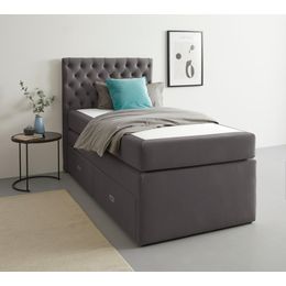 Polsterbett Home Affaire "Boxbett Alvi mit Schubladen, Taschen-Federkernmatratze", grau (dunkelgrau), B:112cm H:133cm L:224cm, 100% Polyester, Betten, wahlweise Härtegrad der Matratze H2/H3/H4