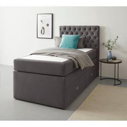 Polsterbett Home Affaire "Boxbett Alvi mit Schubladen, Taschen-Federkernmatratze", grau (dunkelgrau), B:112cm H:133cm L:224cm, 100% Polyester, Betten, wahlweise Härtegrad der Matratze H2/H3/H4