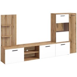 Boxxx Wohnwand , Weiß, Eiche , Kunststoff , 4-teilig , 9 Fächer , 250x135x38 cm , Wohnzimmer, Wohnwände, Anbauwände