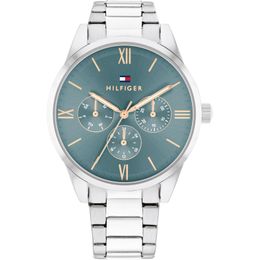 Multifunktionsuhr Tommy Hilfiger "CAMILLE", silber (silberfarben, blau), Armbanduhren, Damen, Quarzuhr, Armbanduhr, Damenuhr, Edelstahlarmband, Datum
