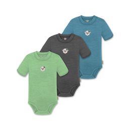 Normani Outdoor Sports 3er Set Unisex Baby Merino Kurzarm-Strampler Kurzarm Body mit Knopf in Blau/Anthrazit/Gr&uuml;n | Gr.: 92