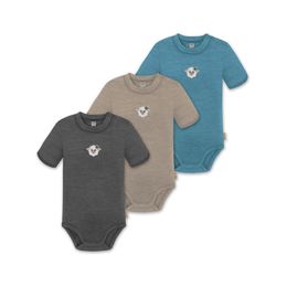 Normani Outdoor Sports 3er Set Unisex Baby Merino Kurzarm-Strampler Kurzarm Body mit Knopf in Blau/Beige/Anthrazit | Gr.: 86